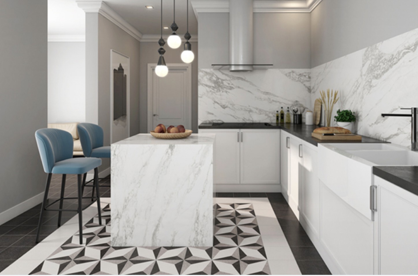 Porcelain stoneware to cover the backsplash of the kitchen area, the top and the island ...